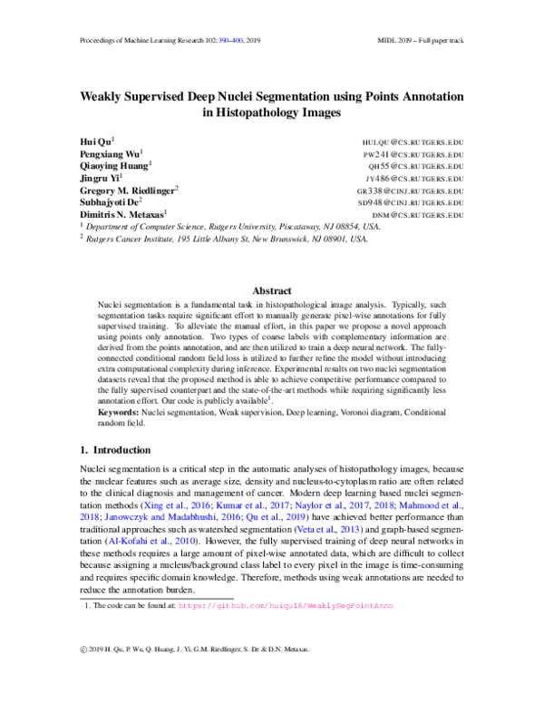 (PDF) Weakly Supervised Deep Nuclei Segmentation using Points Annotation in Histopathology Images