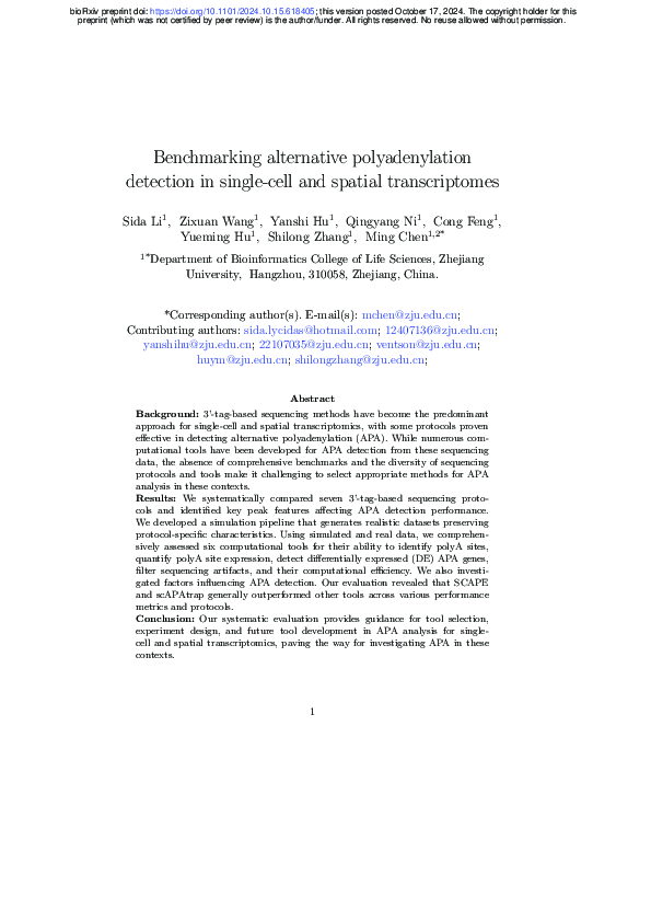 (PDF) Benchmarking alternative polyadenylation detection in single-cell and spatial transcriptomes