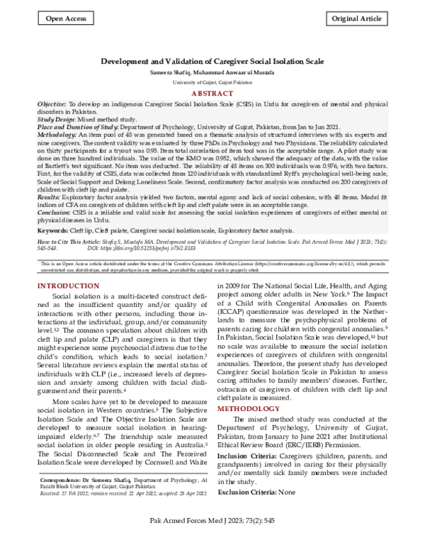 (PDF) Development and Validation of Caregiver Social Isolation Scale