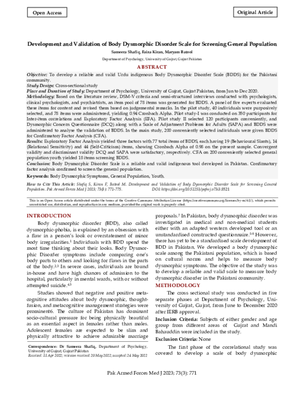(PDF) Development and Validation of Body Dysmorphic Disorder Scale for ...