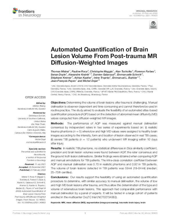 (PDF) Automated Quantification of Brain Lesion Volume From Post-trauma MR Diffusion-Weighted ...