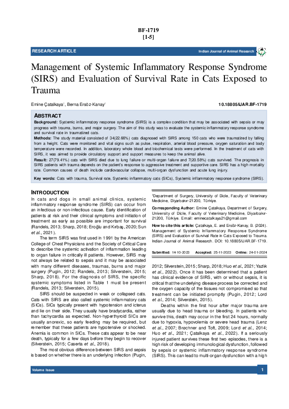 (PDF) Management of Systemic Inflammatory Response Syndrome (SIRS) and ...