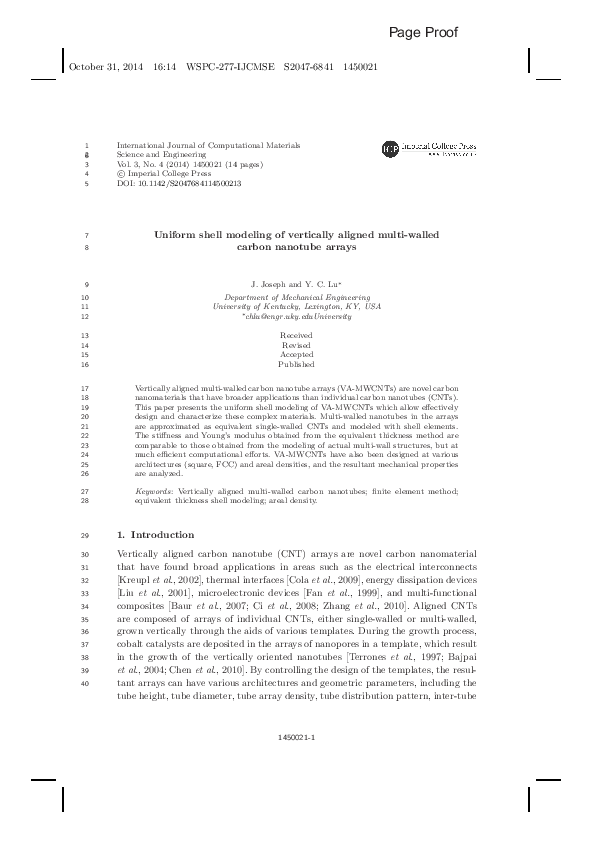 Pdf Uniform Shell Modeling Of Vertically Aligned Multi Walled Carbon Nanotube Arrays