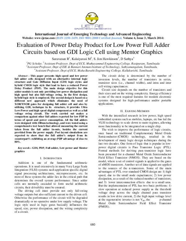 (PDF) Evaluation of Power Delay Product for Low Power Full Adder Circuits based on GDI Logic ...
