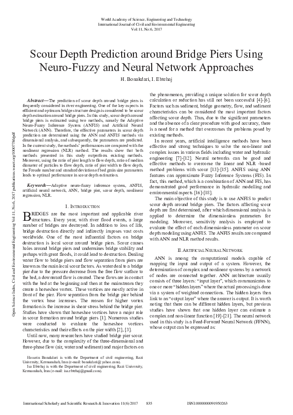 (PDF) Scour Depth Prediction around Bridge Piers Using Neuro-Fuzzy and Neural Network Approaches