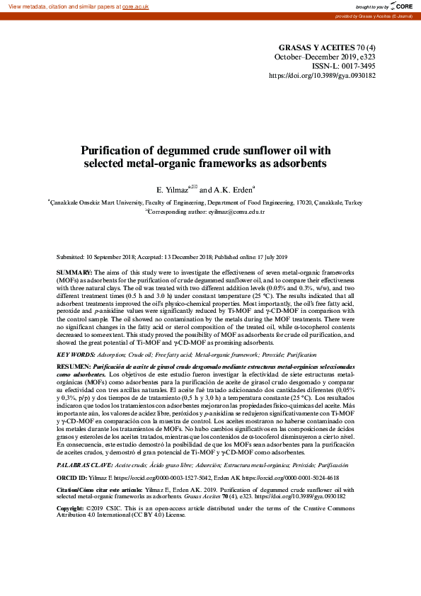 (PDF) Purification of degummed crude sunflower oil with selected metal ...