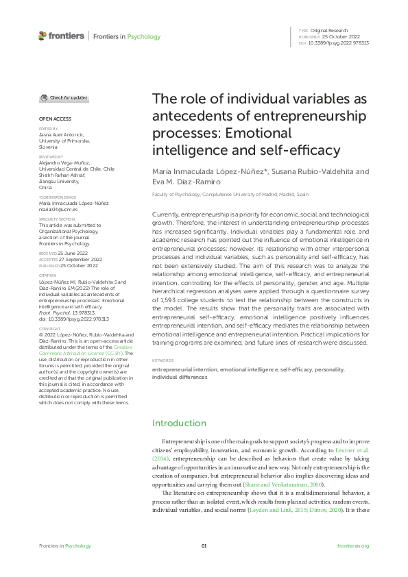 (PDF) The role of individual variables as antecedents of entrepreneurship processes: Emotional ...