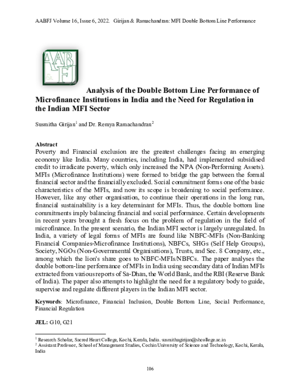 (PDF) Analysis of the Double Bottom Line Performance of Microfinance ...