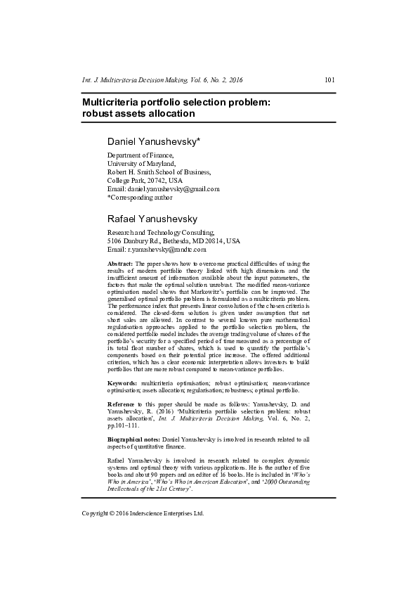 Pdf Multicriteria Portfolio Selection Problem Robust Assets Allocation