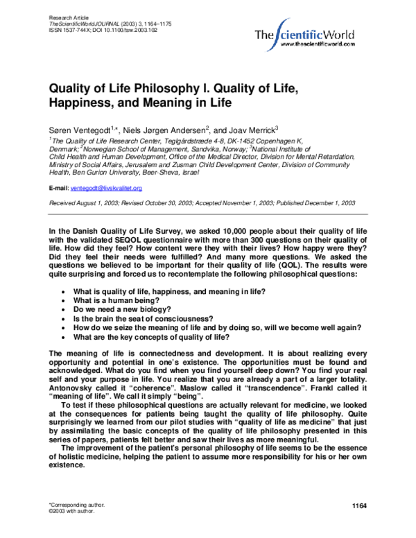 (PDF) Quality of Life Philosophy I. Quality of Life, Happiness, and ...