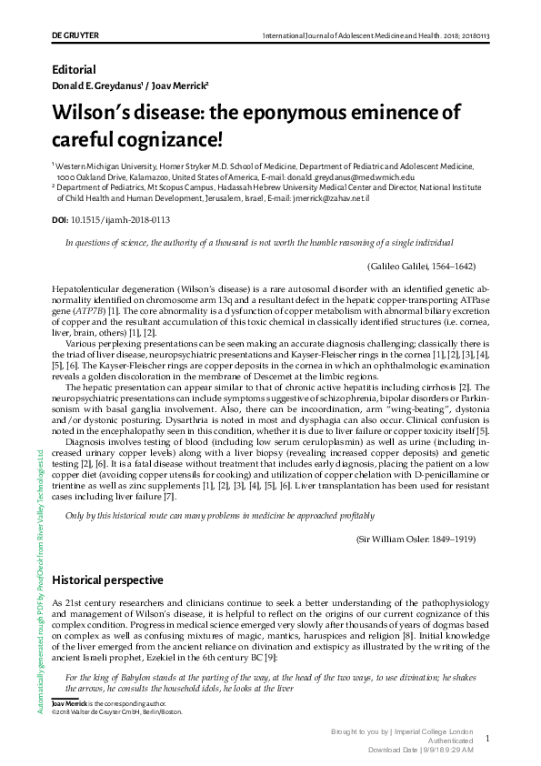 (PDF) Wilson’s disease: the eponymous eminence of careful cognizance!