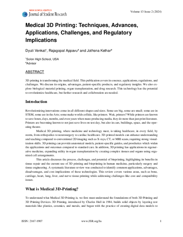 (PDF) Medical 3D Printing: Techniques, Advances, Applications ...