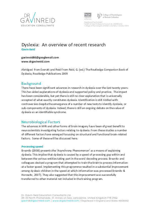 (PDF) Dyslexia: An overview of recent research