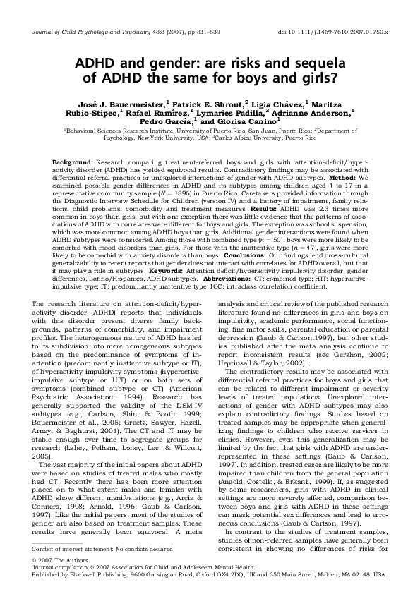 (PDF) ADHD and gender: are risks and sequela of ADHD the same for boys ...