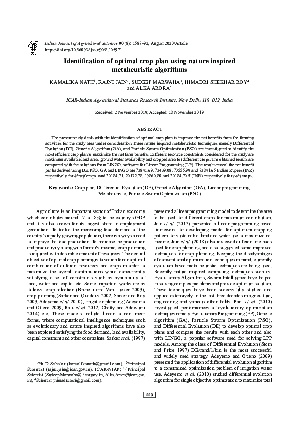 (PDF) Identification of optimal crop plan using nature inspired metaheuristic algorithms