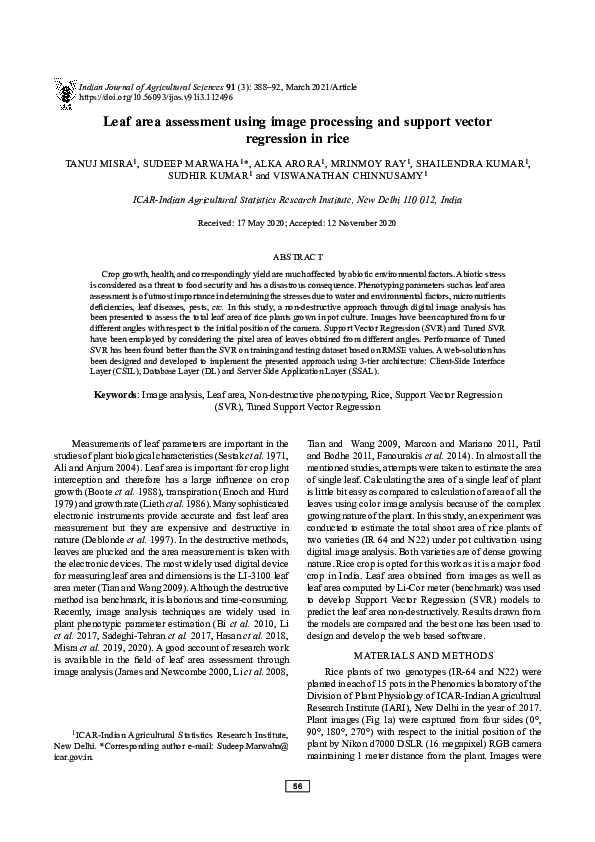 (PDF) Leaf area assessment using image processing and support vector regression in rice