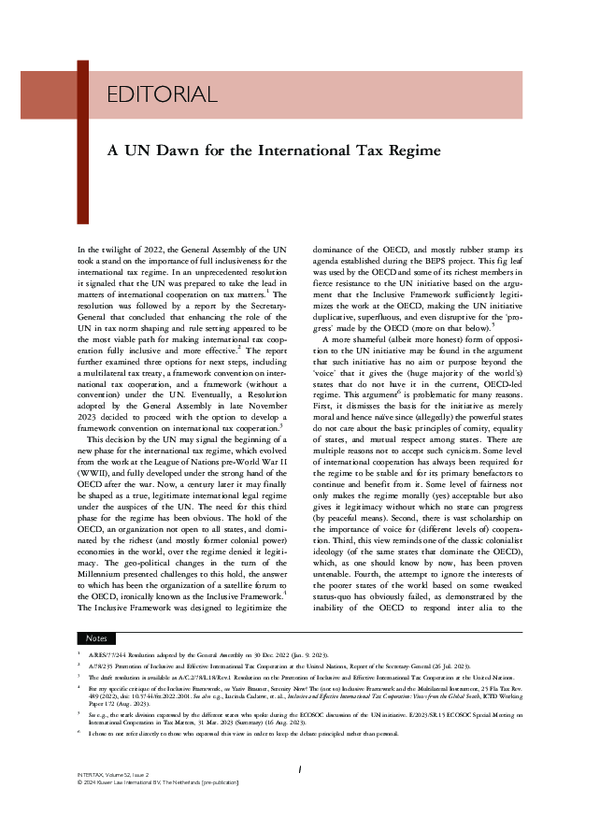 (PDF) Editorial: A UN Dawn For The International Tax Regime