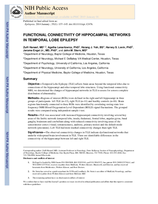(PDF) Functional connectivity of hippocampal networks in temporal lobe epilepsy | John Stern ...
