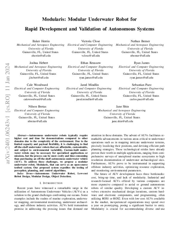 (PDF) Modularis: Modular Underwater Robot for Rapid Development and Validation of Autonomous Systems