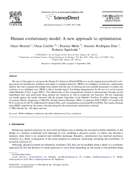 (PDF) Human evolutionary model: A new approach to optimization | Oscar Montiel - Academia.edu