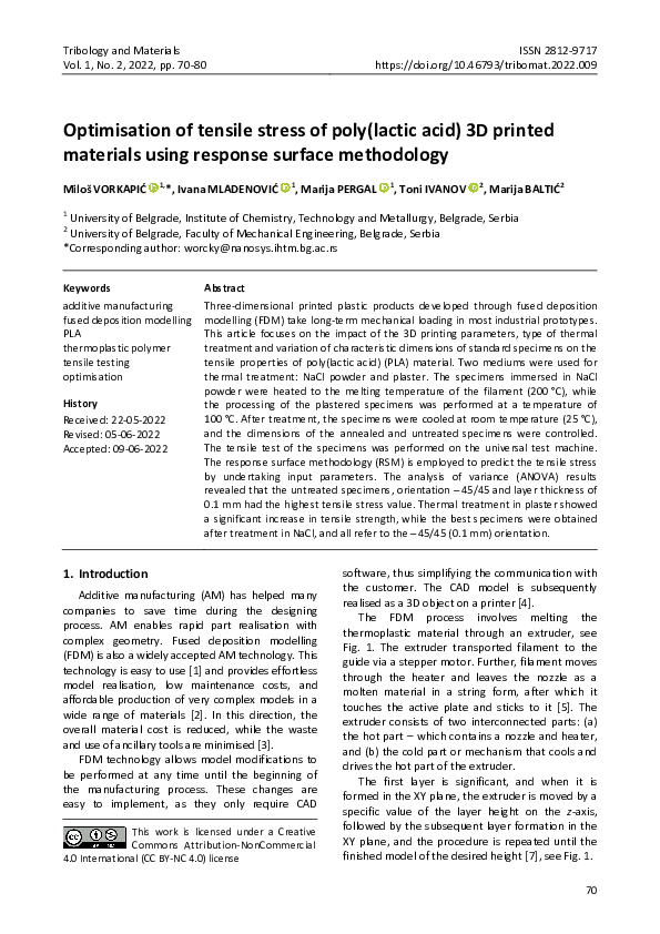 (PDF) Optimisation of tensile stress of poly(lactic acid) 3D printed materials using response ...