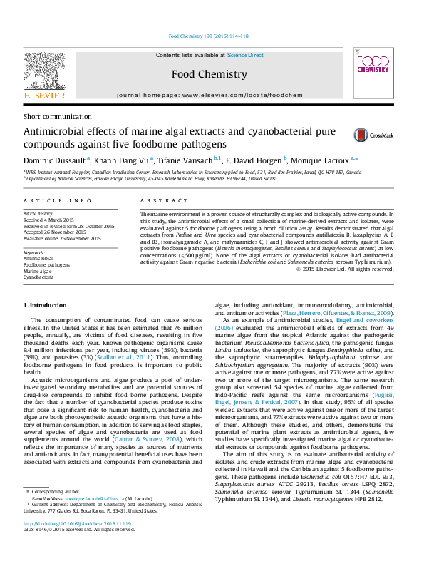 (PDF) Antimicrobial effects of marine algal extracts and cyanobacterial pure compounds against ...