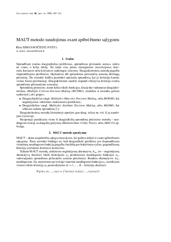 (PDF) MAUT method – one in a multiple criteria decision-making methods