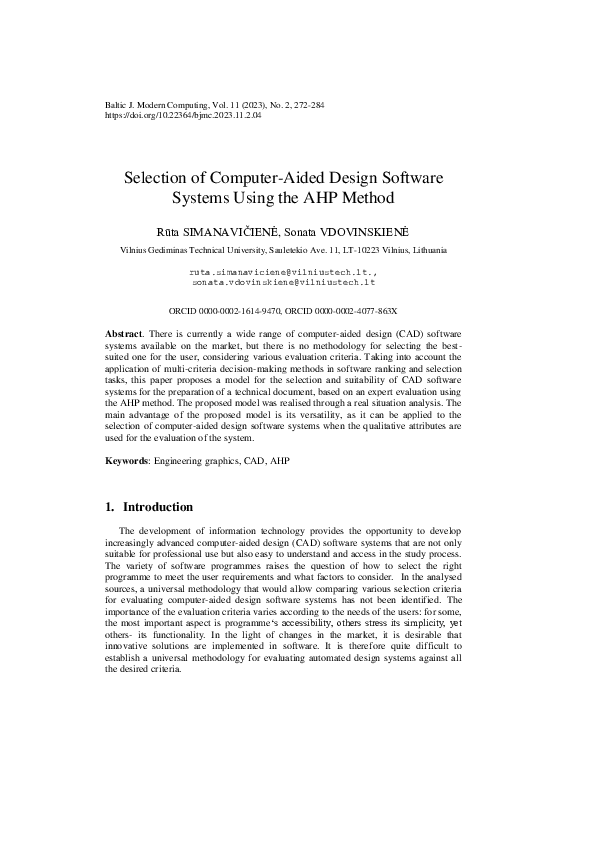 (PDF) Selection of Computer-Aided Design Software Systems Using the AHP Method