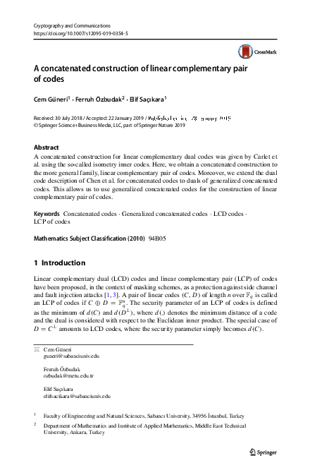 (PDF) A concatenated construction of linear complementary pair of codes