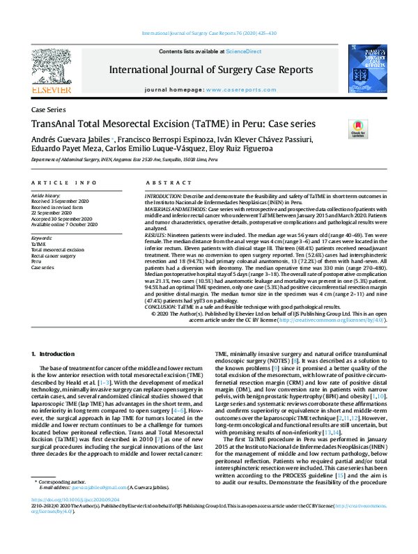 (PDF) TransAnal Total Mesorectal Excision (TaTME) in Peru: Case series ...