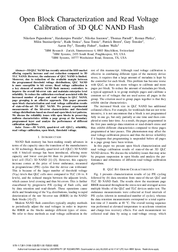 (PDF) Open Block Characterization and Read Voltage Calibration of 3D QLC NAND Flash | Sasa Tomic ...