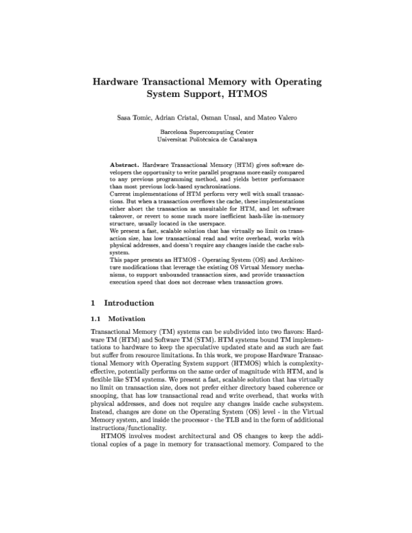 (PDF) Hardware Transactional Memory with Operating System Support, HTMOS | Sasa Tomic - Academia.edu