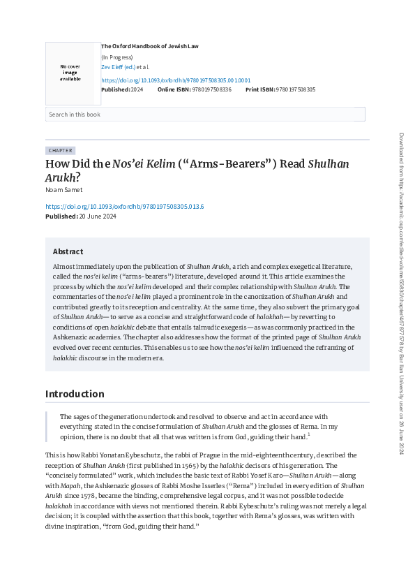 (PDF) How Did the Nos’ei Kelim (“Arms-Bearers”) Read "Shulhan Arukh"?