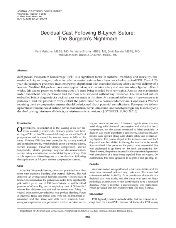 (PDF) Decidual Cast Following B-Lynch Suture: The Surgeon's Nightmare