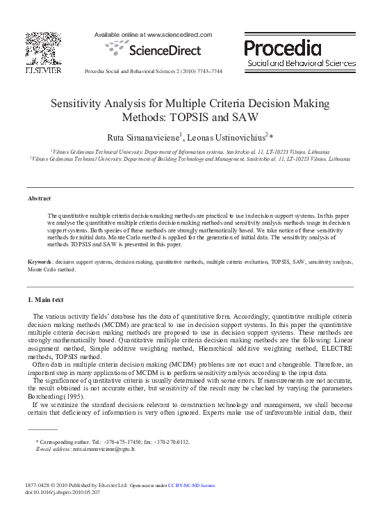 (PDF) Sensitivity Analysis for Multiple Criteria Decision Making Methods: TOPSIS and SAW
