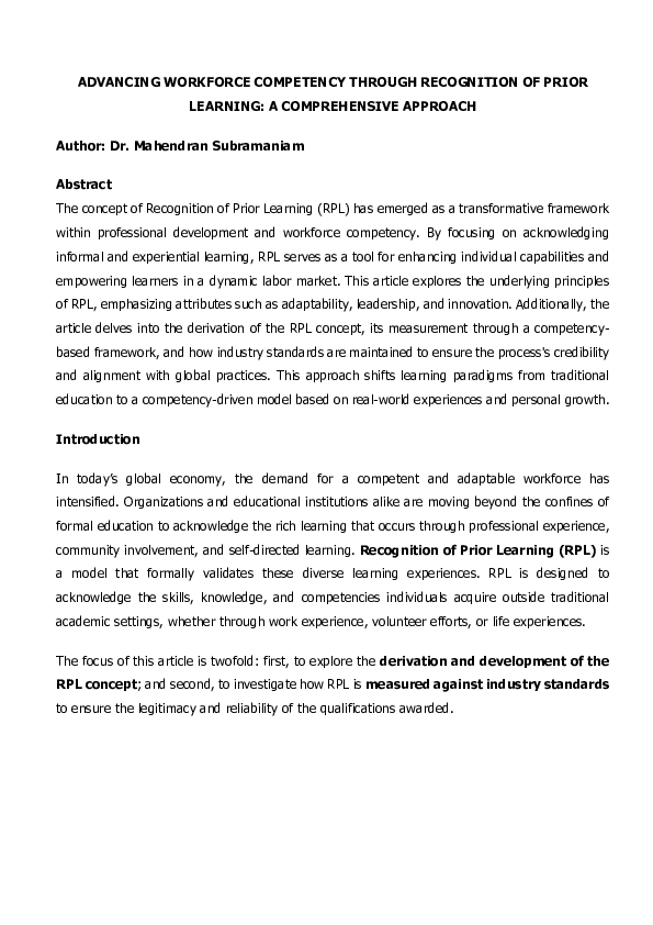 (PDF) ADVANCING WORKFORCE COMPETENCY THROUGH RECOGNITION OF PRIOR ...