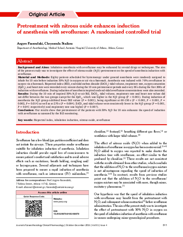 (PDF) Pretreatment with nitrous oxide enhances induction of anesthesia ...