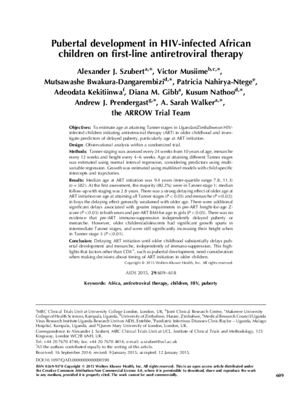 (PDF) Pubertal development in HIV-infected African children on first-line antiretroviral therapy