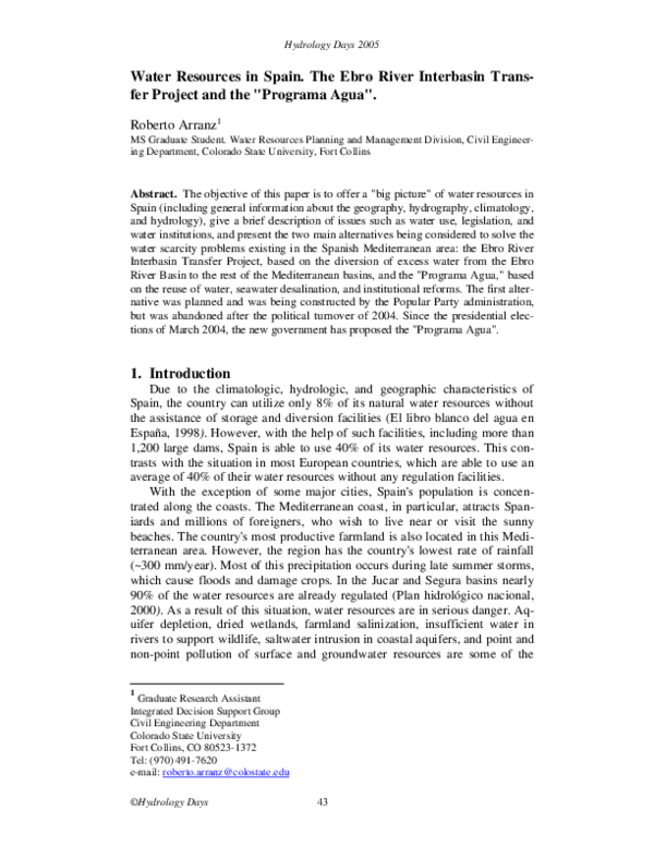 (PDF) Water Resources in Spain. The Ebro River Interbasin Trans- fer ...