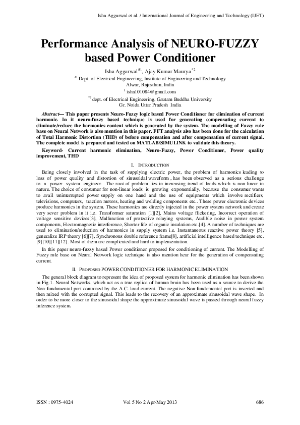 (PDF) Performance Analysis of NEURO-FUZZY based Power Conditioner