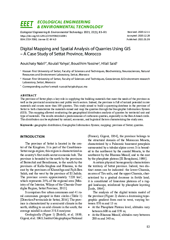 (PDF) Digital Mapping and Spatial Analysis of Quarries Using GIS – A Case Study of Settat ...