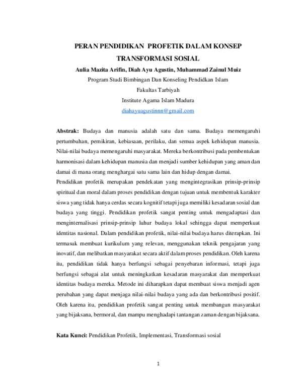 (PDF) PERAN PENDIDIKAN PROFETIK DALAM KONSEP TRANSFORMASI SOSIAL