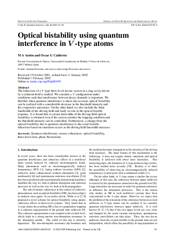 (PDF) Optical bistability using quantum interference inV-type atoms