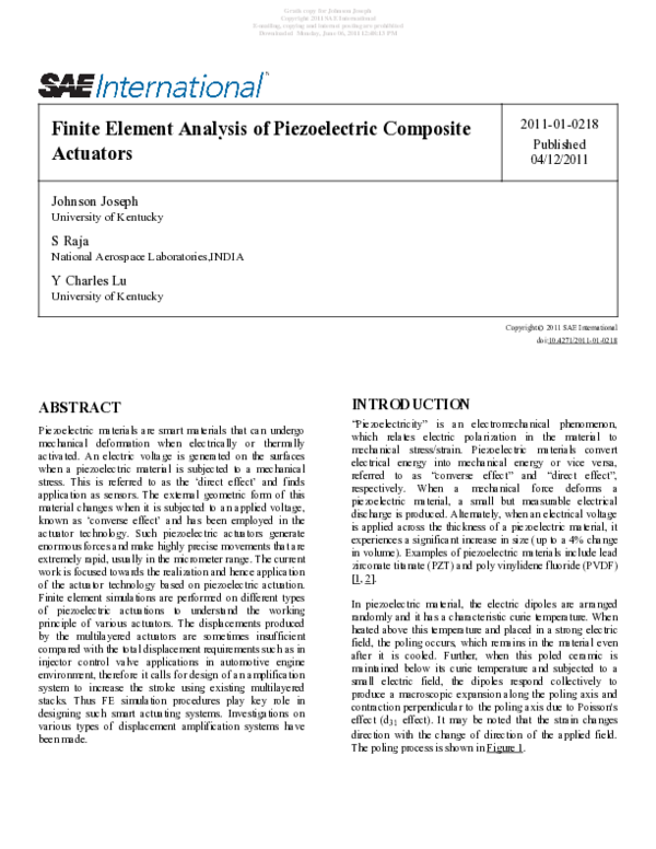 (PDF) Finite Element Analysis of Piezoelectric Composite Actuators