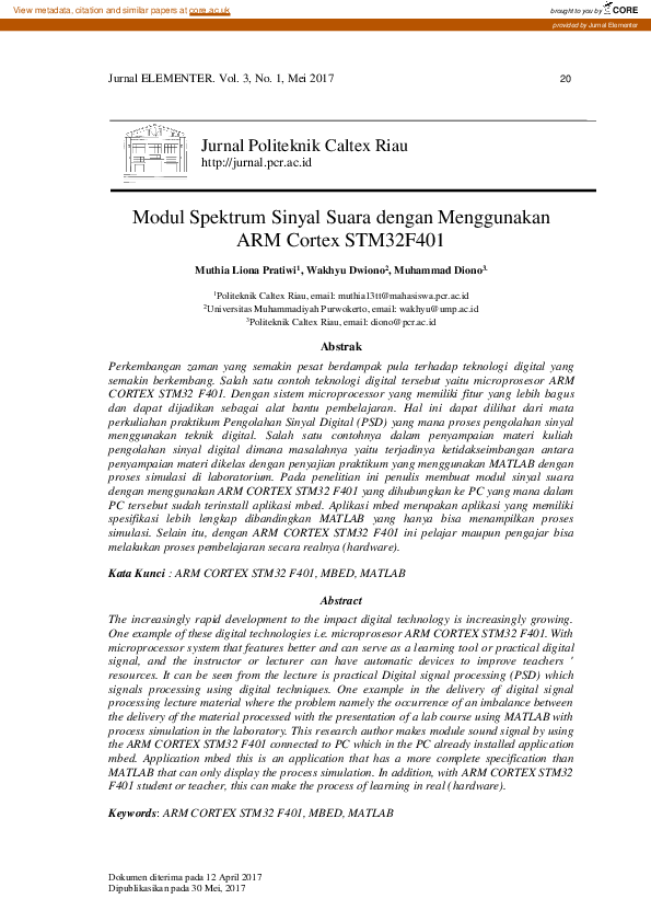 (PDF) Modul Spektrum Sinyal Suara dengan Menggunakan ARM Cortex STM32F401