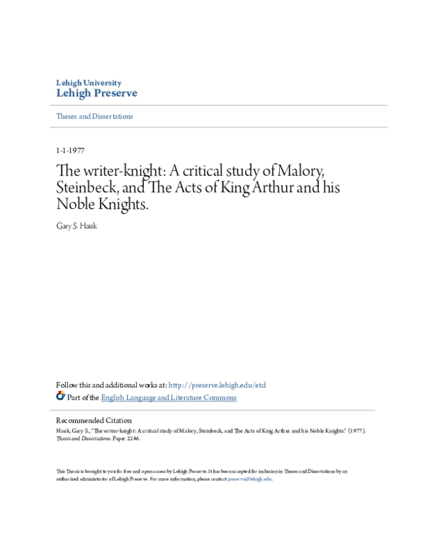 (PDF) The writer-knight: A critical study of Malory, Steinbeck, and The ...