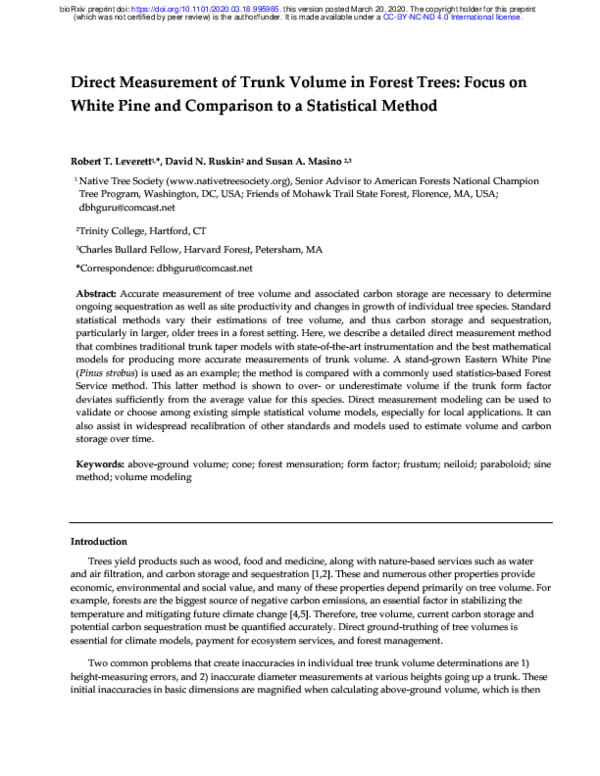 (PDF) Direct Measurement of Trunk Volume in Forest Trees: Focus on White Pine and Comparison to ...