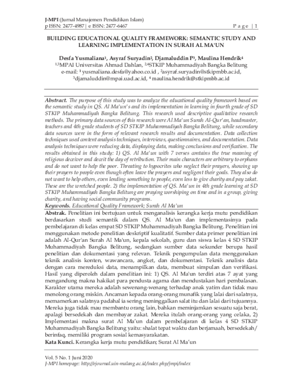 (PDF) Building a Quality Framework for Education: Semantic Study in QS. Al Ma'un and Its ...