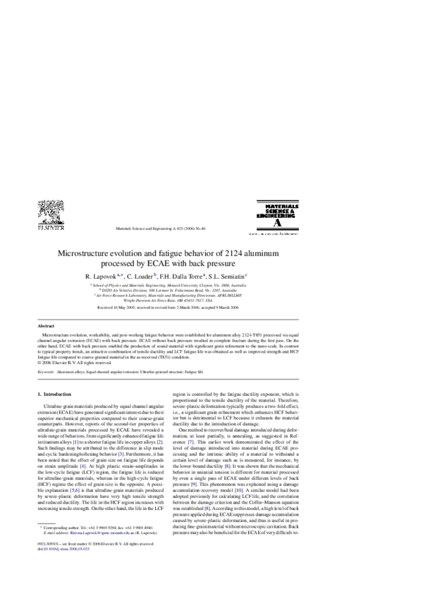 (PDF) Microstructure evolution and fatigue behavior of 2124 aluminum processed by ECAE with back ...