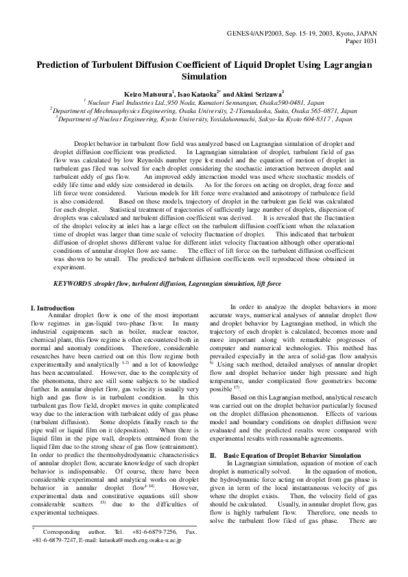 (PDF) Prediction of Turbulent Diffusion Coefficient of Liquid Droplet Using Lagrangian Simulation